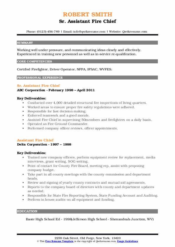 Assistant Fire Chief Resume Samples | QwikResume