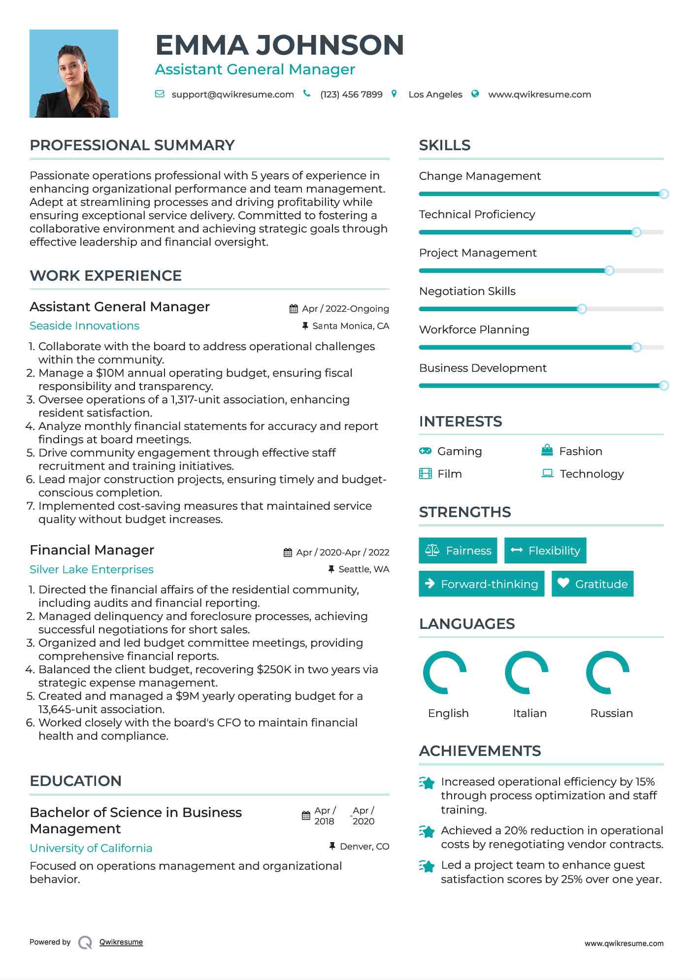Assistant General Manager Resume Samples QwikResume