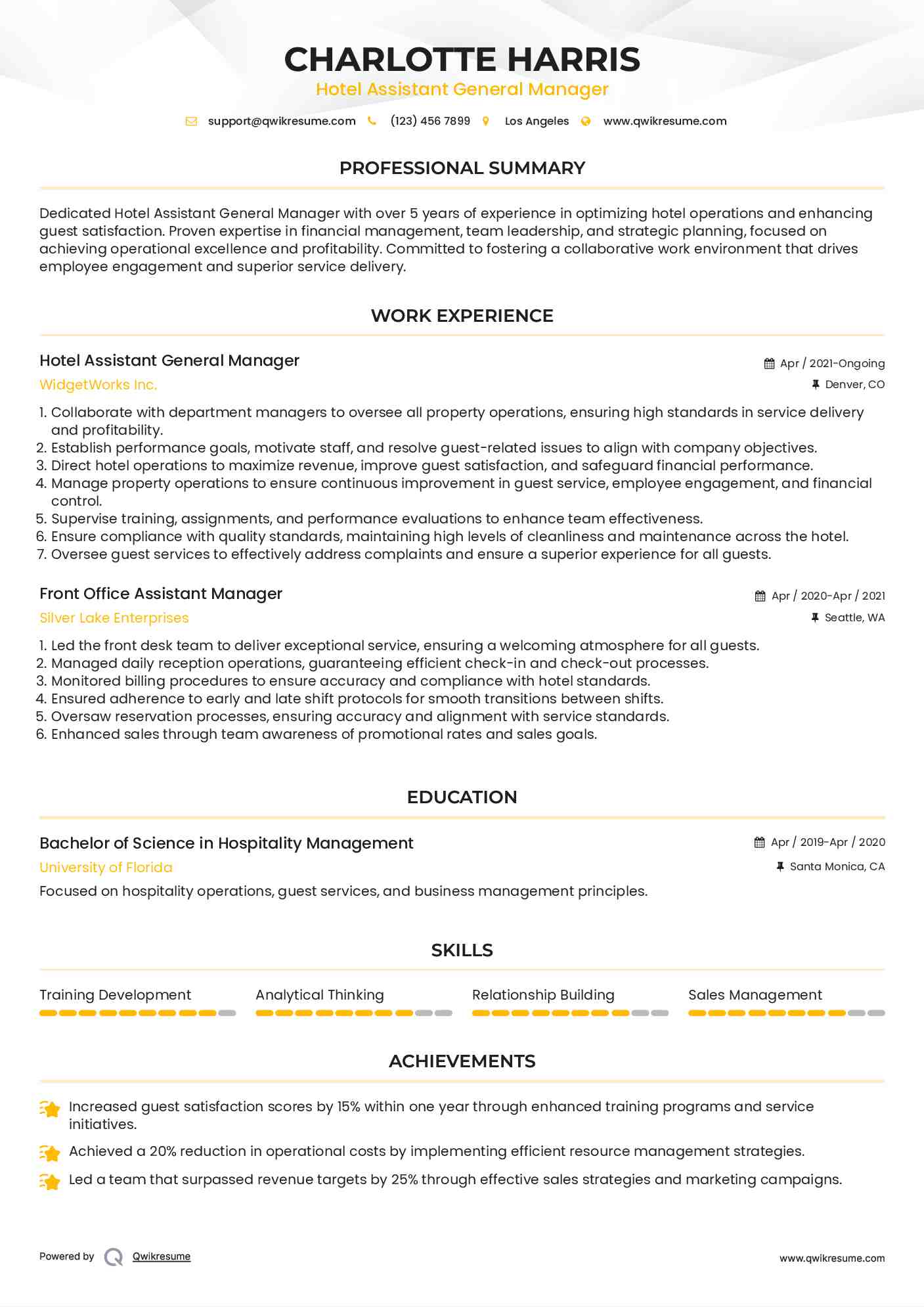 Assistant General Manager Resume Samples QwikResume