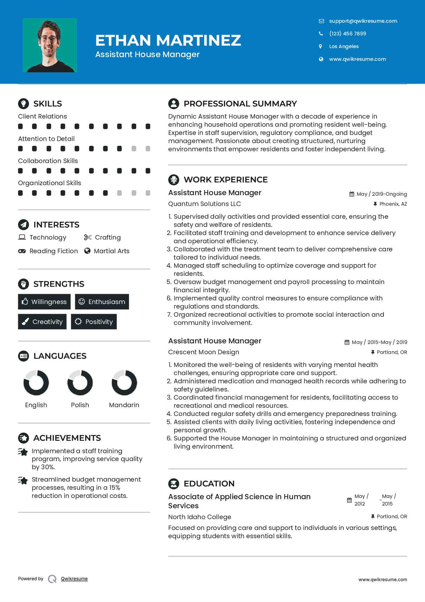 Assistant House Manager Resume Samples QwikResume