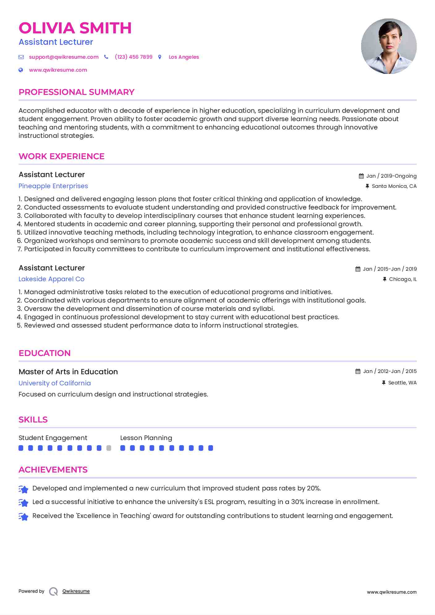 Assistant Lecturer Resume Samples QwikResume