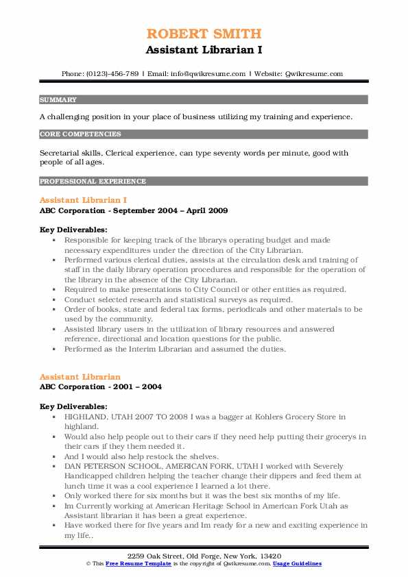 Assistant Librarian Resume Samples | QwikResume