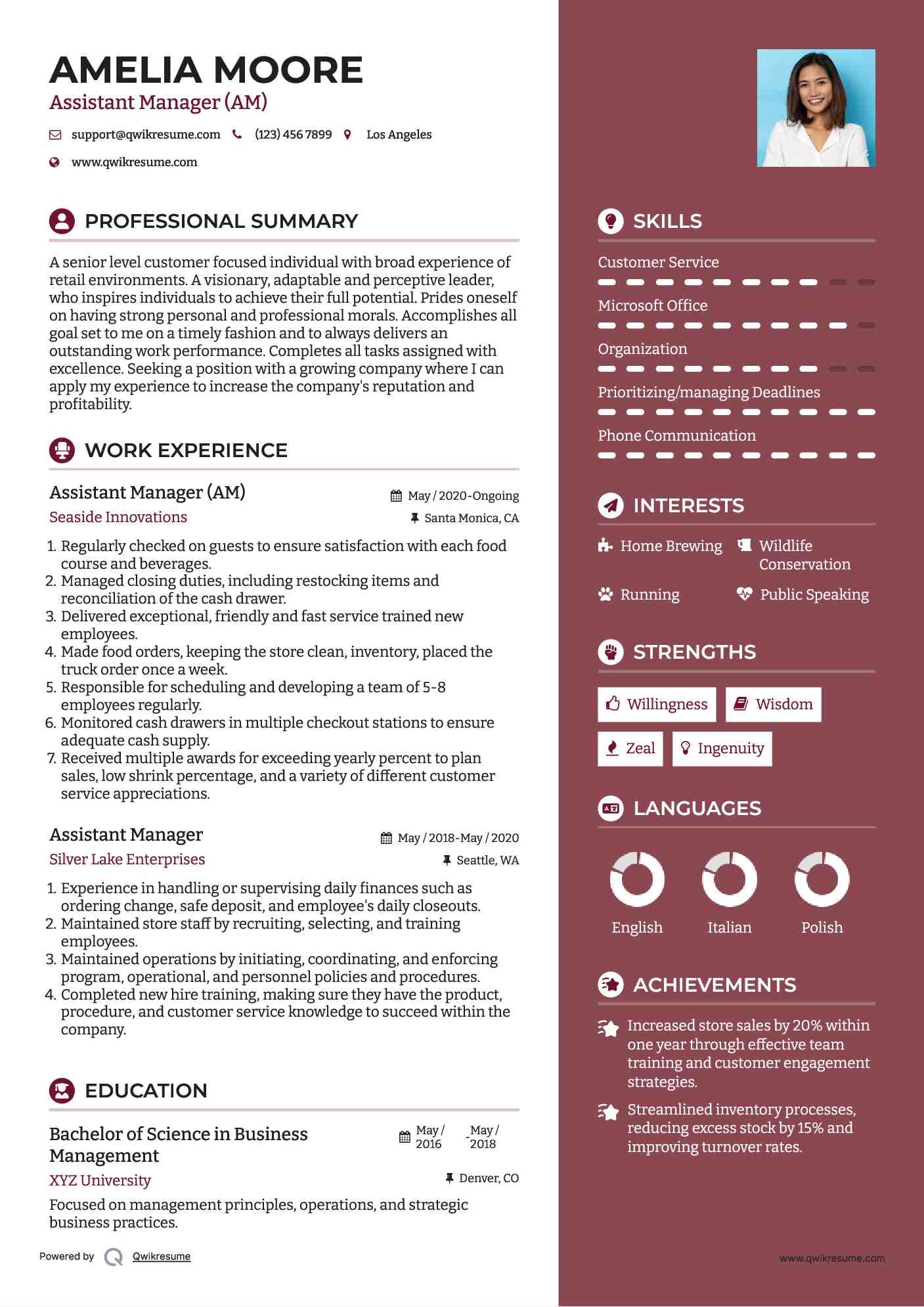 Assistant Manager Resume Samples QwikResume