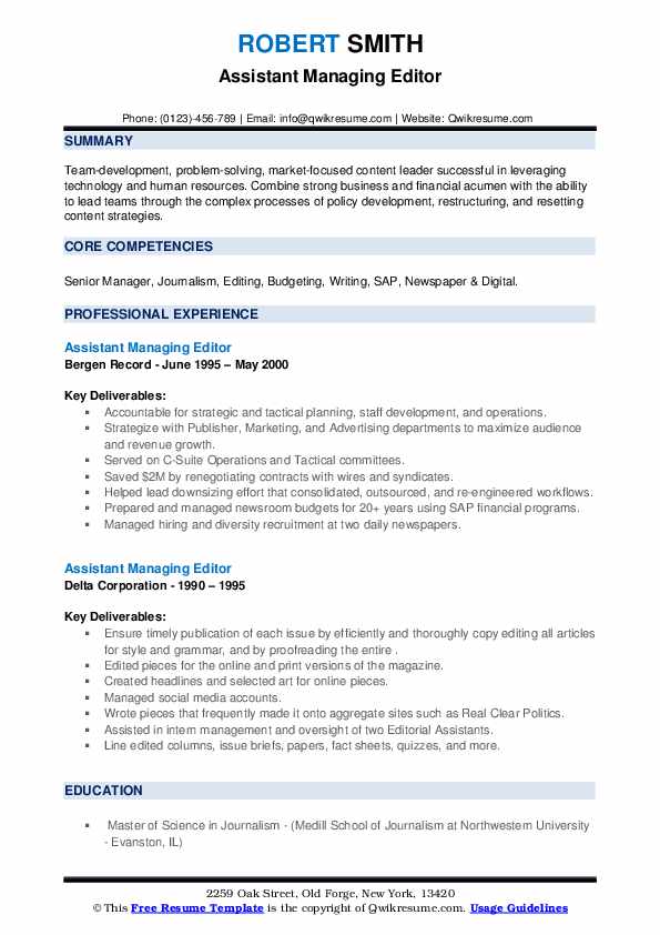 Assistant Managing Editor Resume Samples | QwikResume