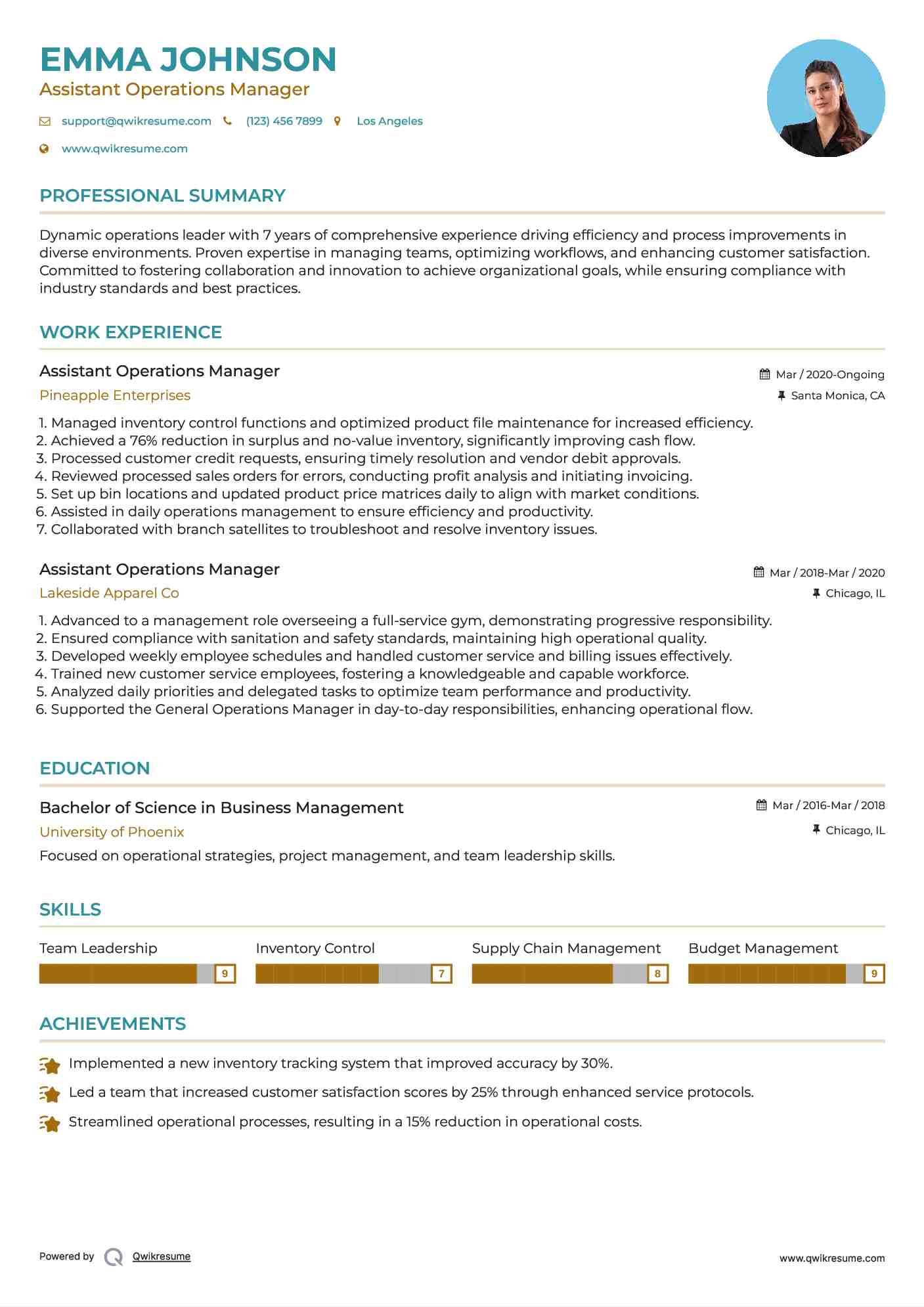 Assistant Operations Manager Resume Samples QwikResume