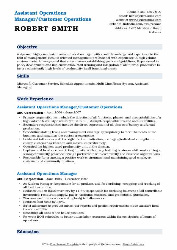 Assistant Operations Manager Resume Samples | QwikResume