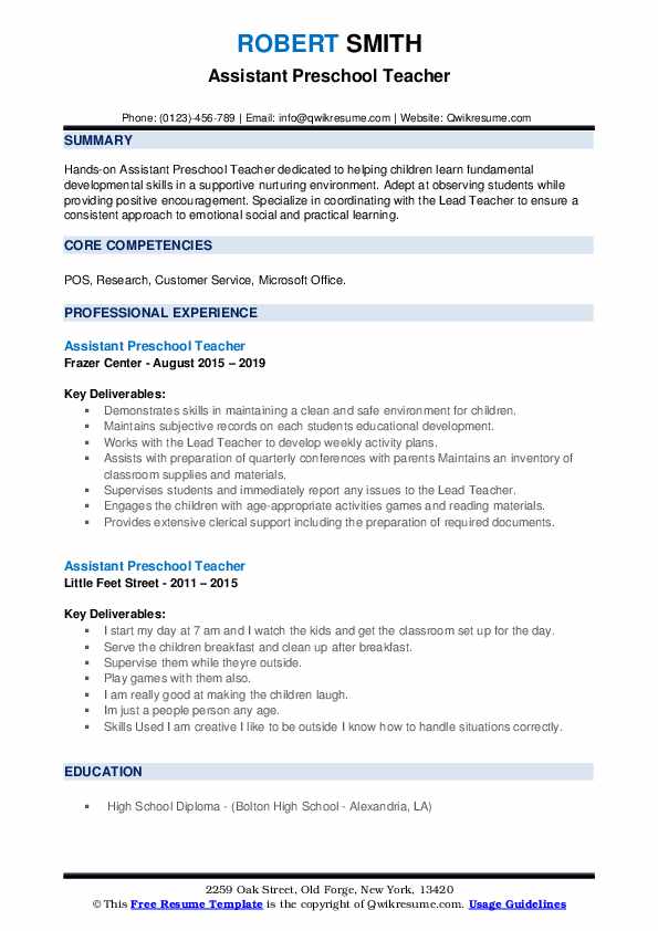 Preschool Teacher Teacher Assistant Resume Sample Master Of Template 