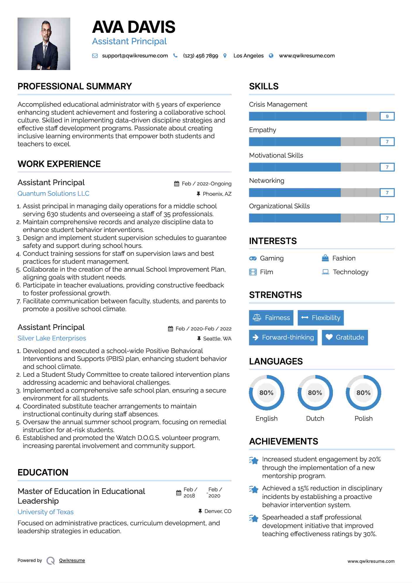 Assistant Principal Resume Samples QwikResume