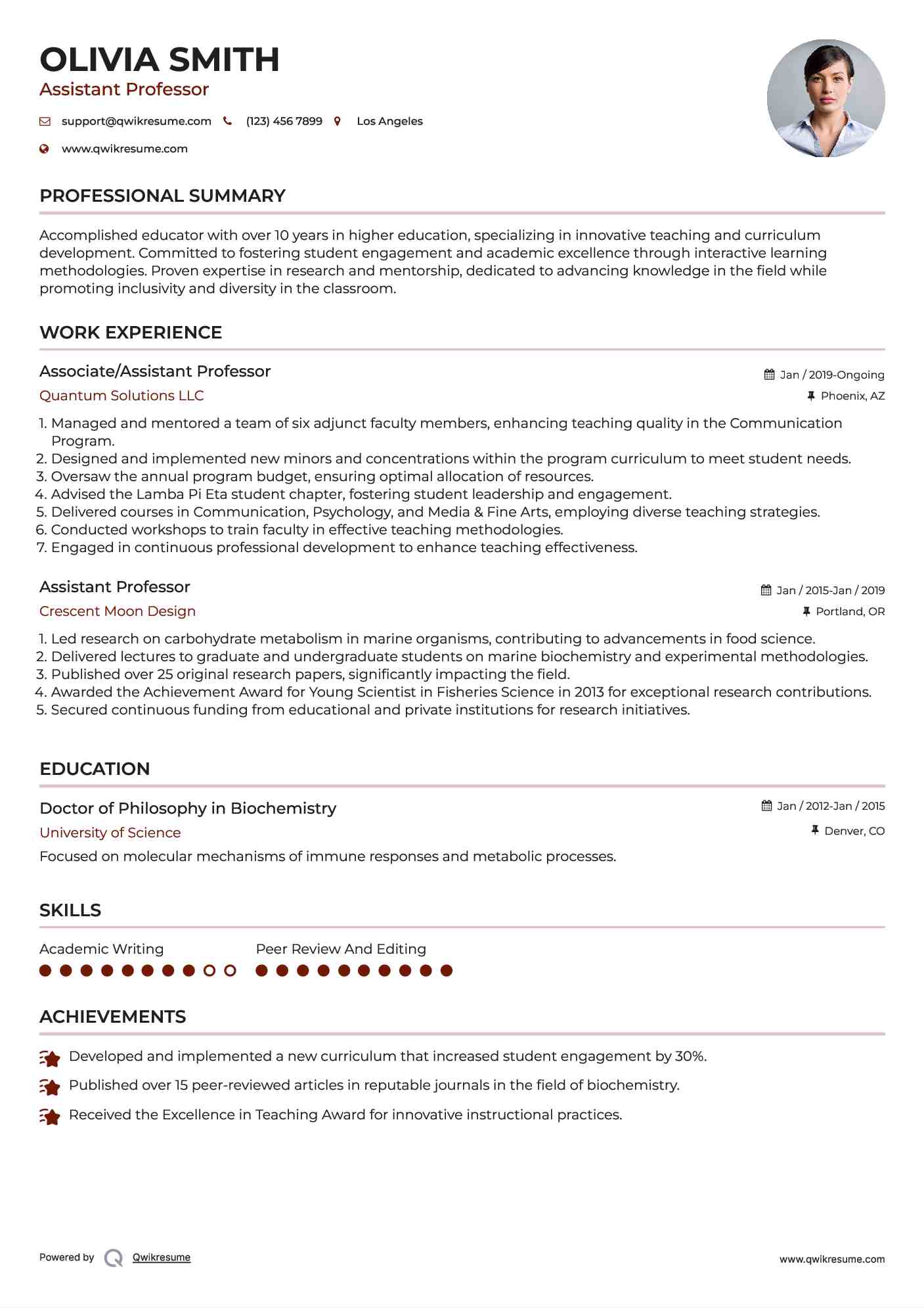 Assistant Professor Resume Samples QwikResume