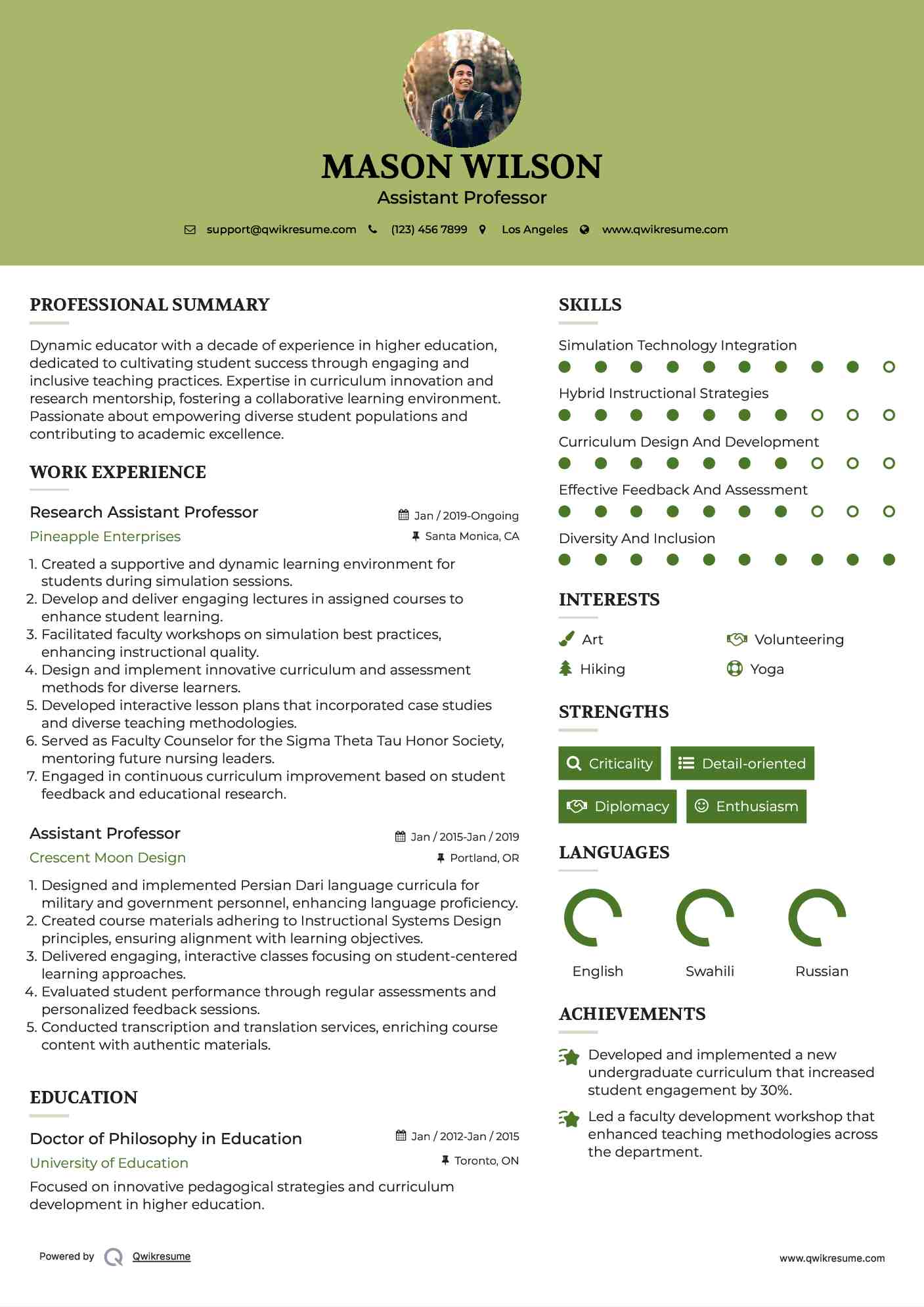 Assistant Professor Resume Samples QwikResume