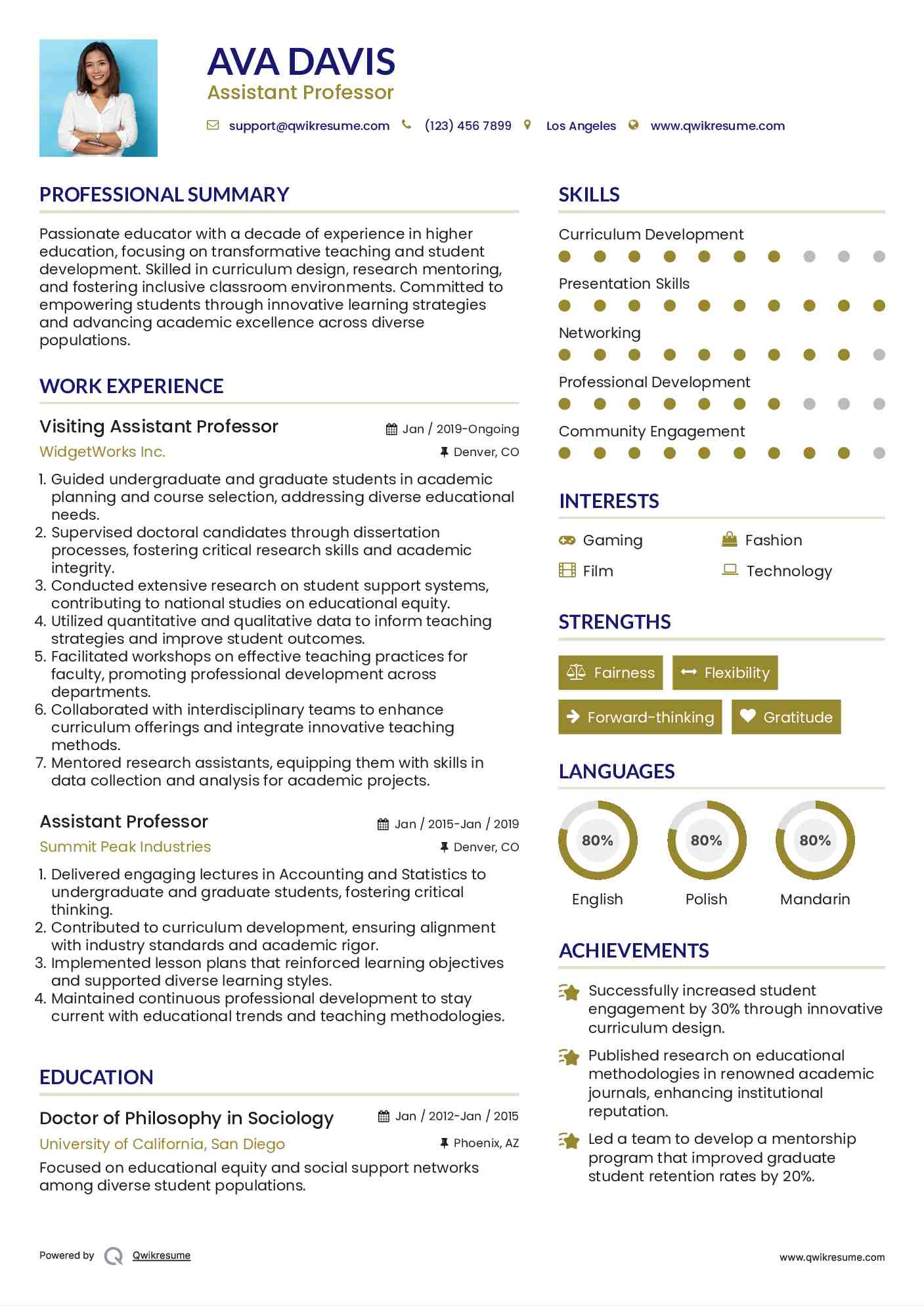 Assistant Professor Resume Samples QwikResume