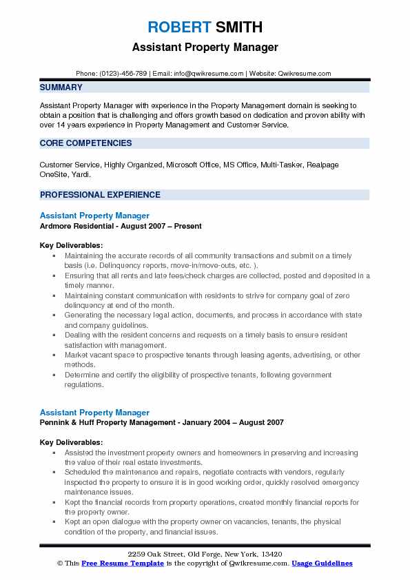 Assistant Property Manager Resume Samples QwikResume