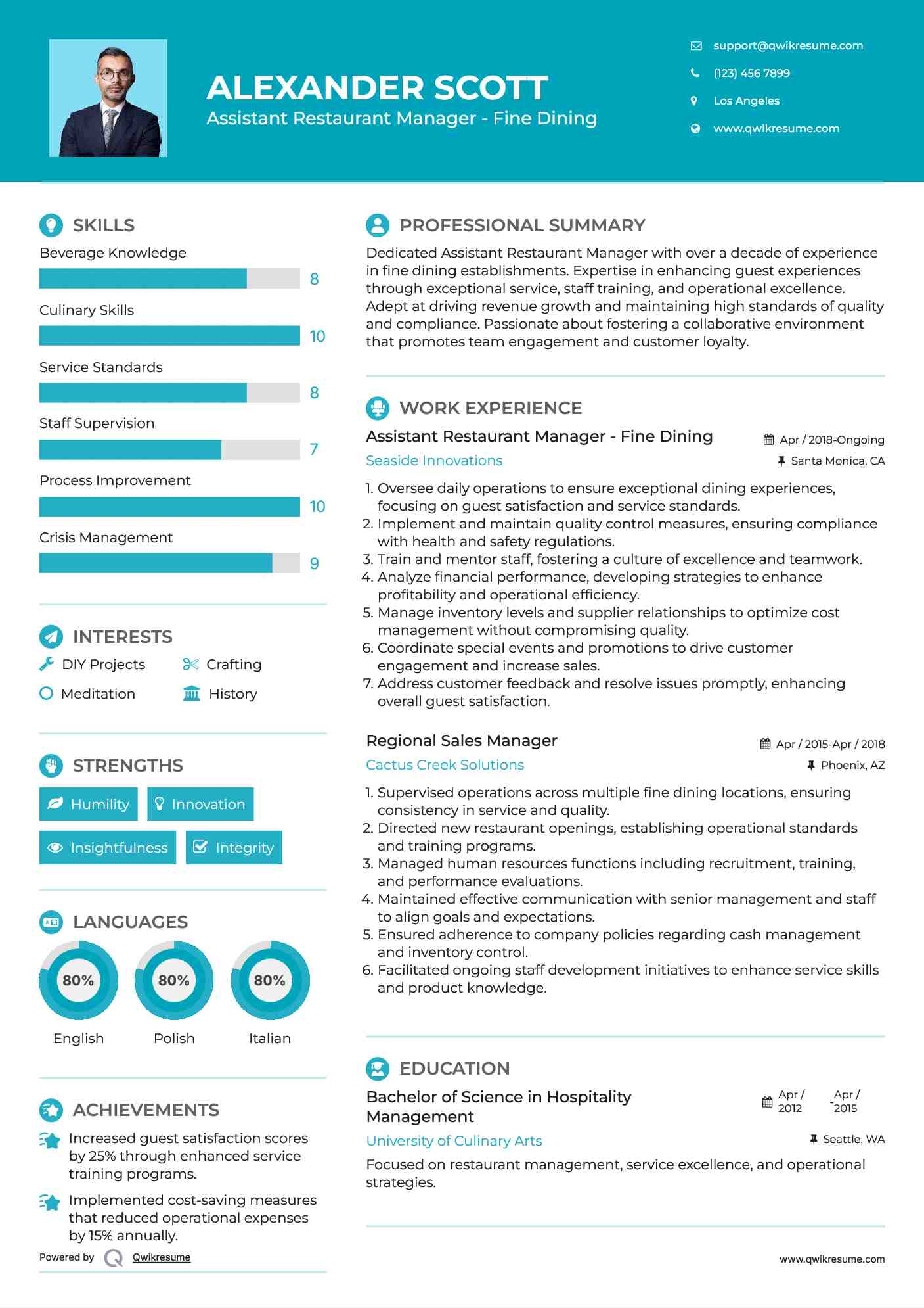 Assistant Restaurant Manager Resume Samples QwikResume