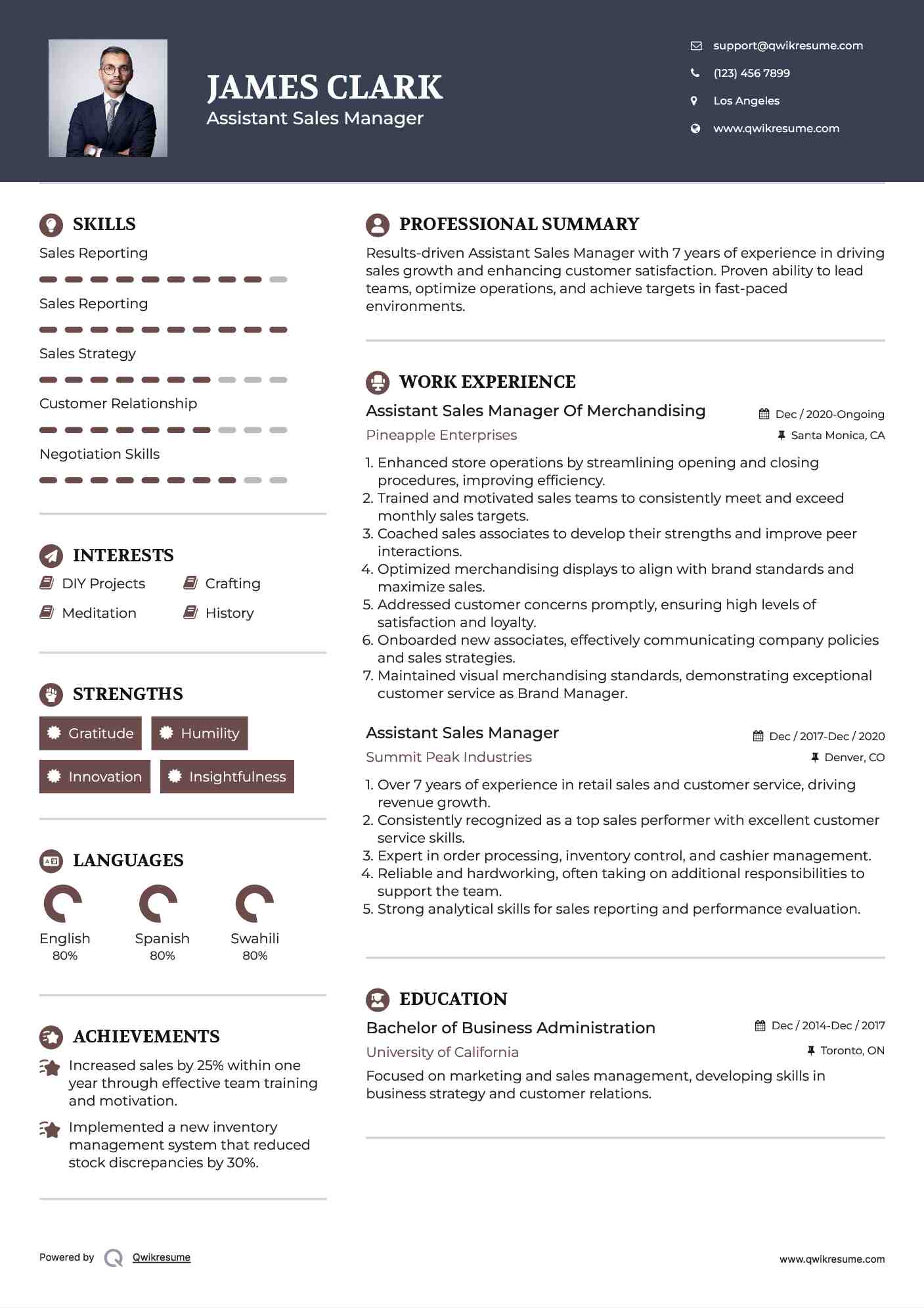 Assistant Sales Manager Resume Samples QwikResume