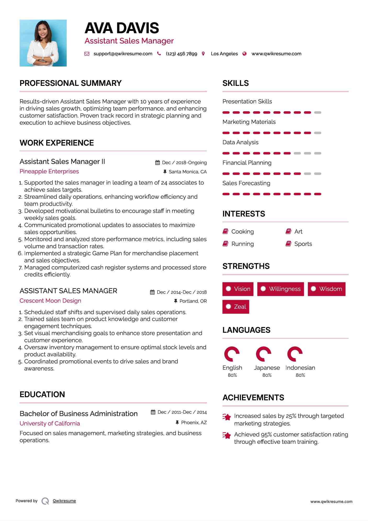 Assistant Sales Manager Resume Samples QwikResume