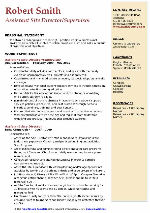 Assistant Site Director Resume Samples | QwikResume