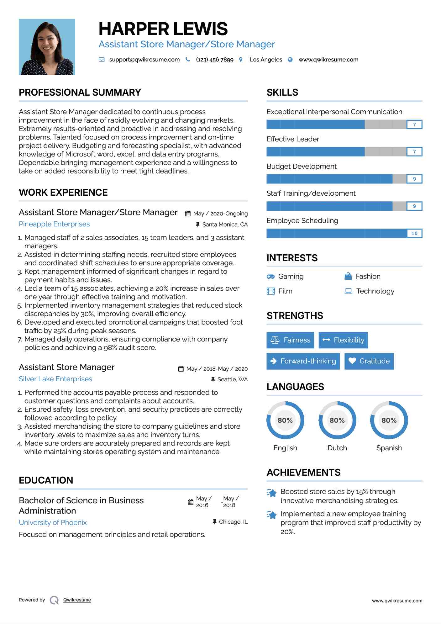Assistant Store Manager Resume Samples QwikResume