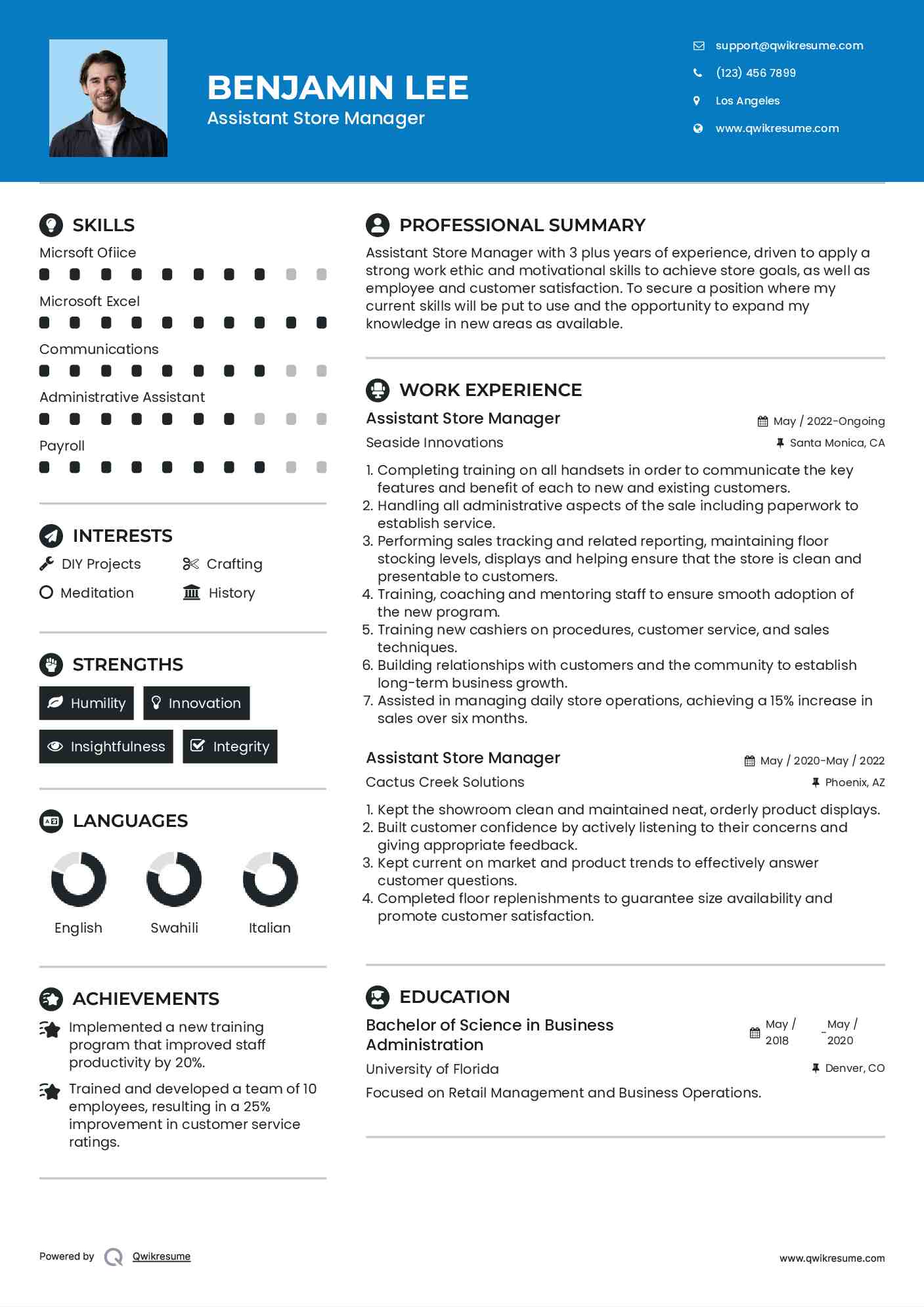 Assistant Store Manager Resume Samples QwikResume