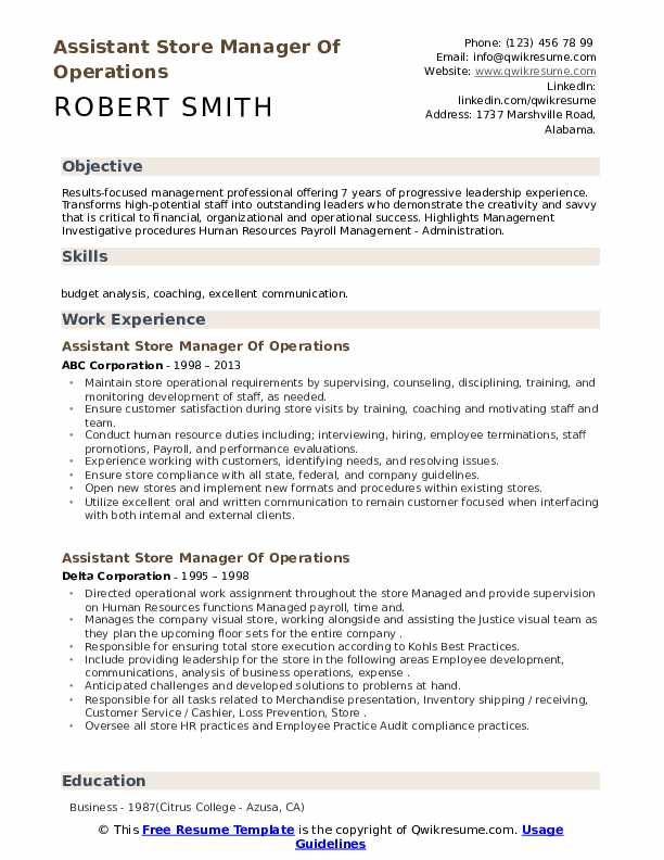 Operations Assistant Store Manager Assistant Manager Resume Examples