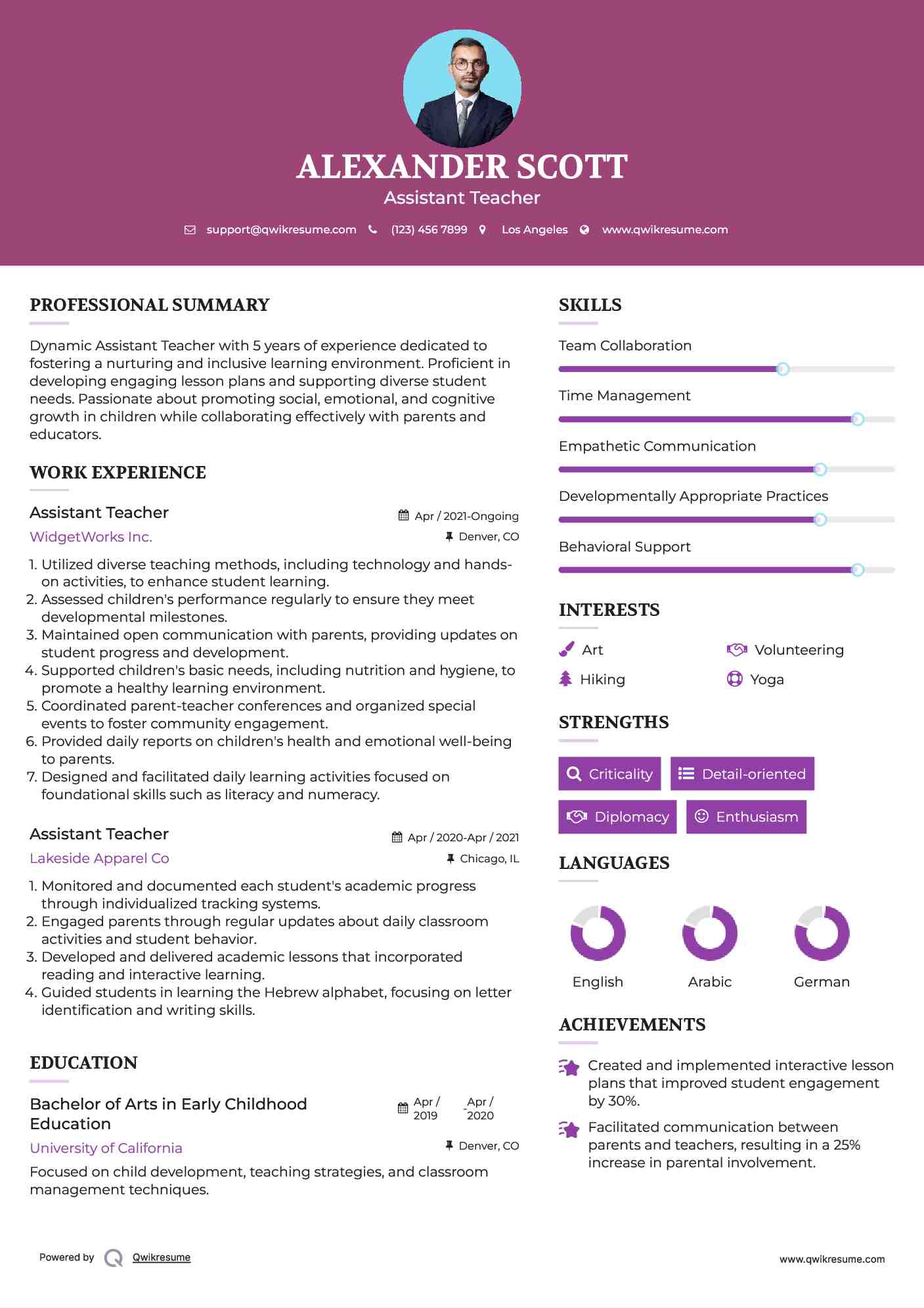 Assistant Teacher Resume Samples QwikResume