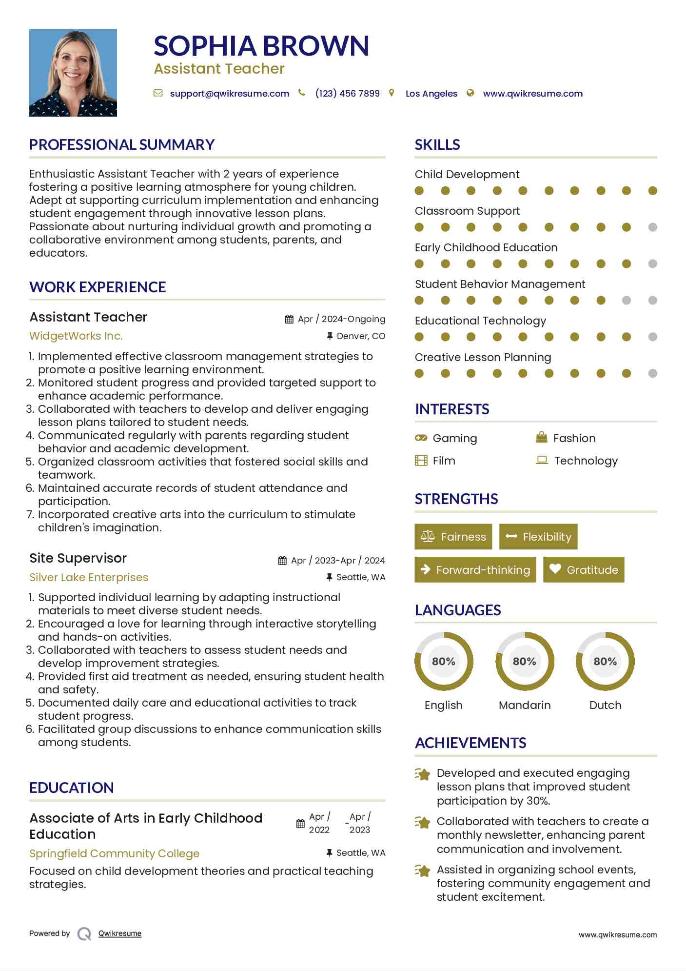 Assistant Teacher Resume Samples QwikResume
