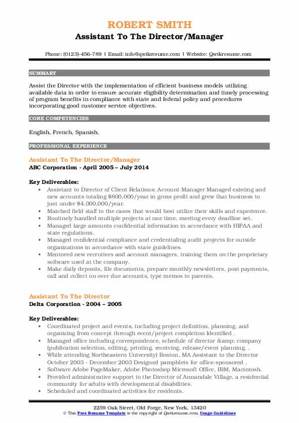 Assistant To The Director Resume Samples | QwikResume