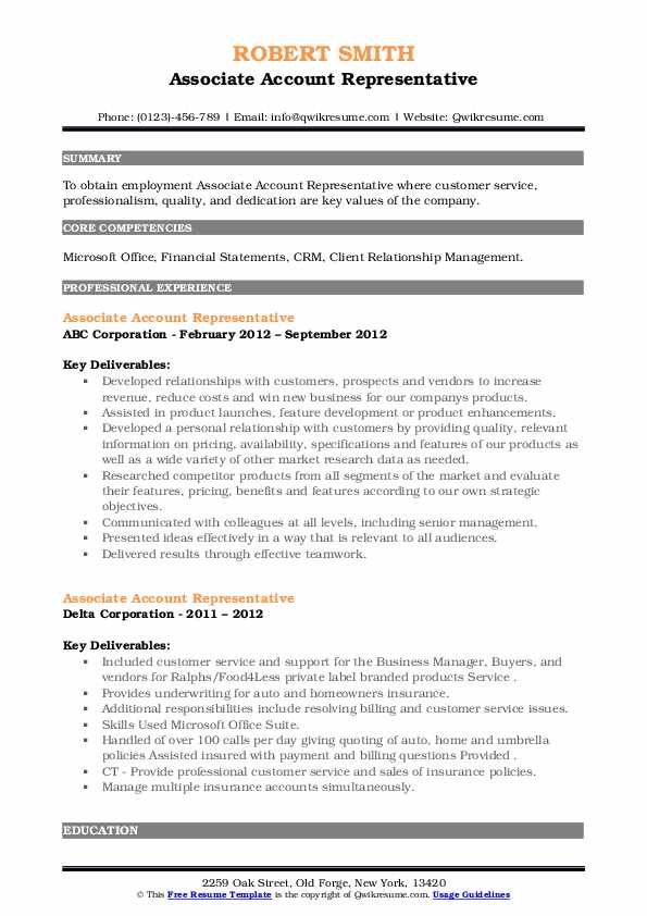 Associate Account Representative Resume Samples | QwikResume
