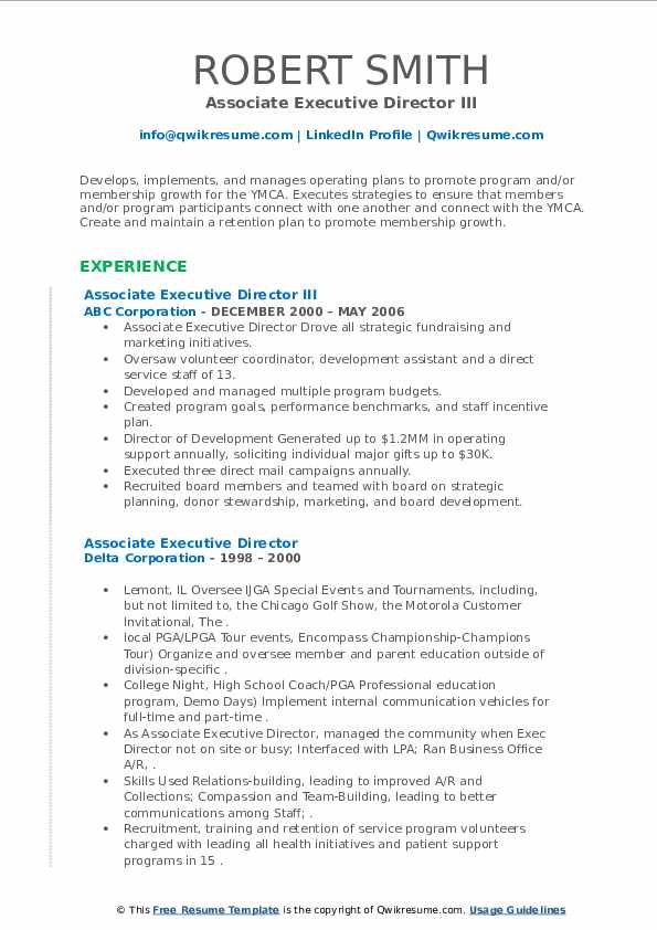 Associate Executive Director Resume Samples | QwikResume