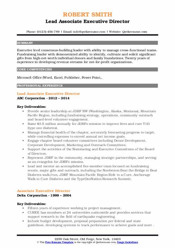 Associate Executive Director Resume Samples | QwikResume
