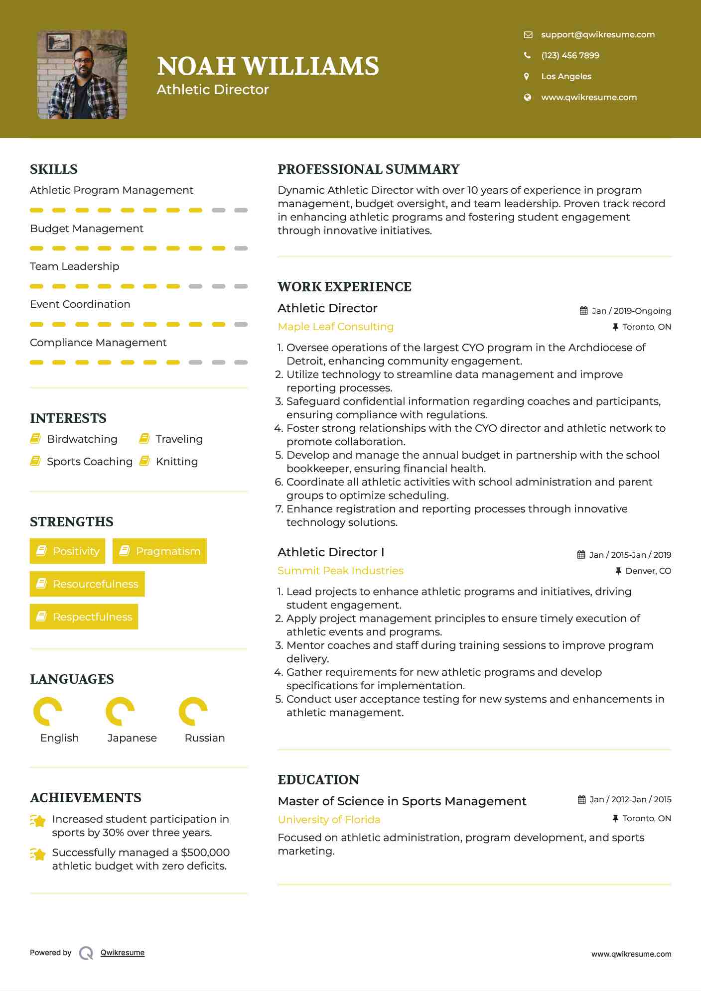 Athletic Director Resume Samples QwikResume