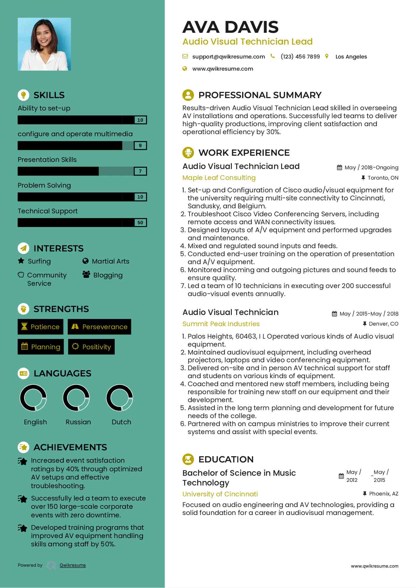 Audio Visual Technician Resume Samples QwikResume