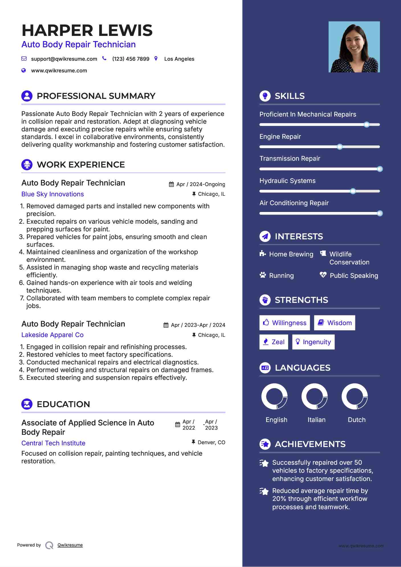 Auto Body Repair Technician Resume Samples QwikResume