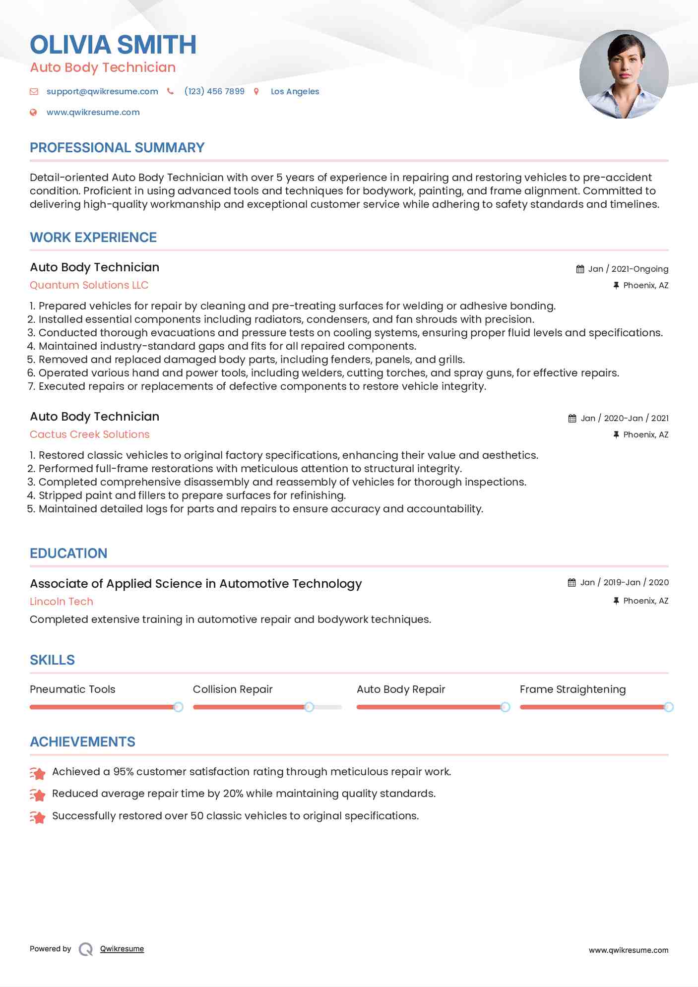 Auto Body Technician Resume Samples QwikResume