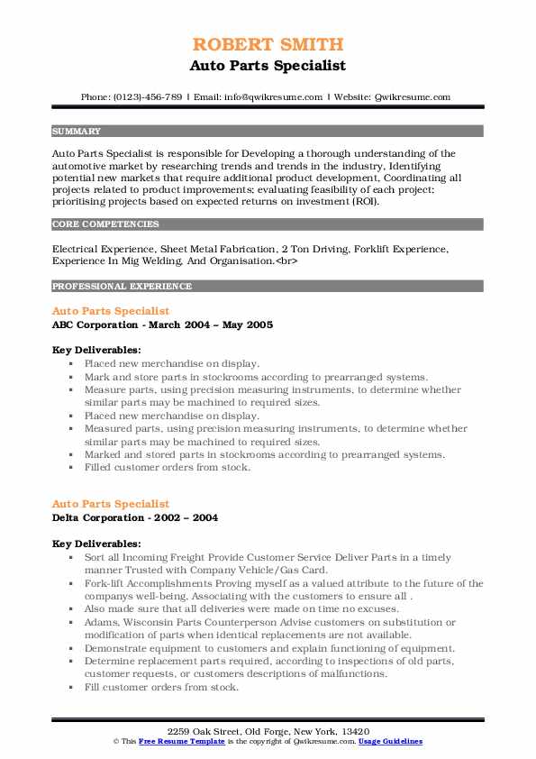 Auto Parts Specialist Resume Samples | QwikResume