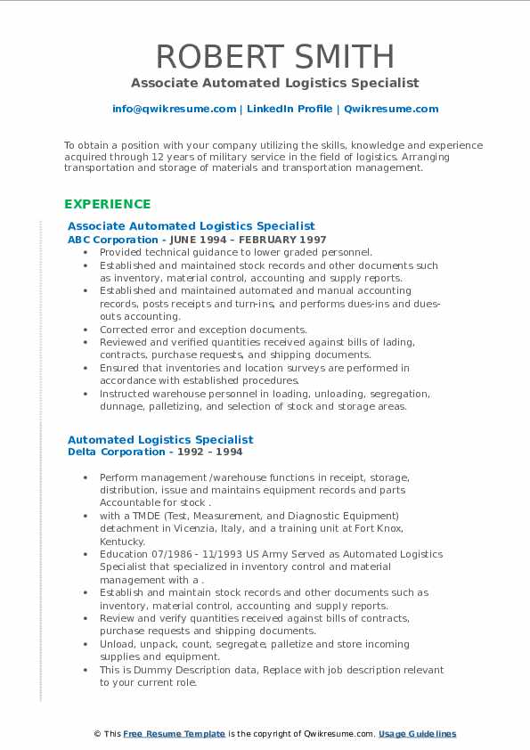 Automated Logistic Specialist Resume Automated Logistic Specialist