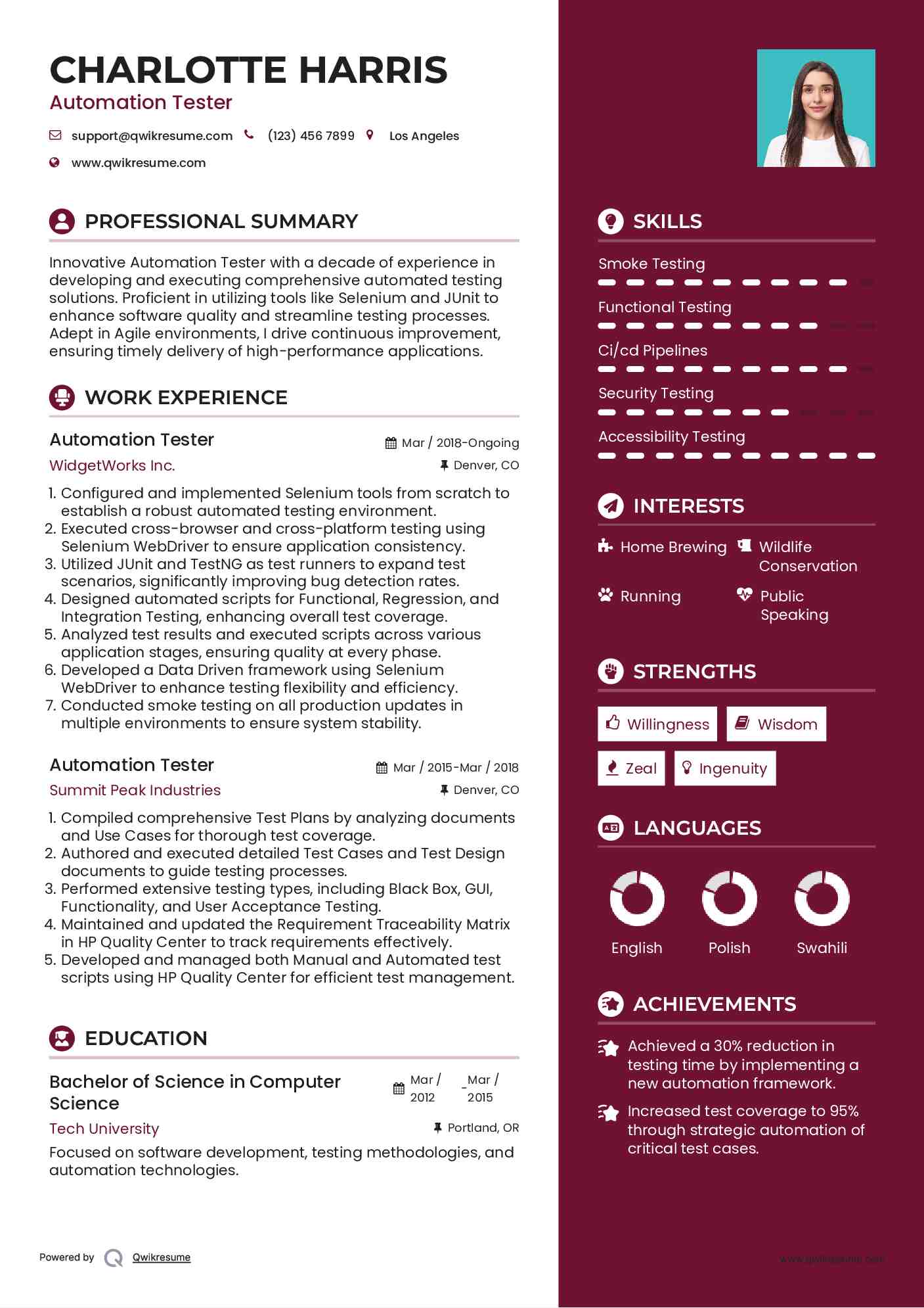 Automation Tester Resume Samples QwikResume