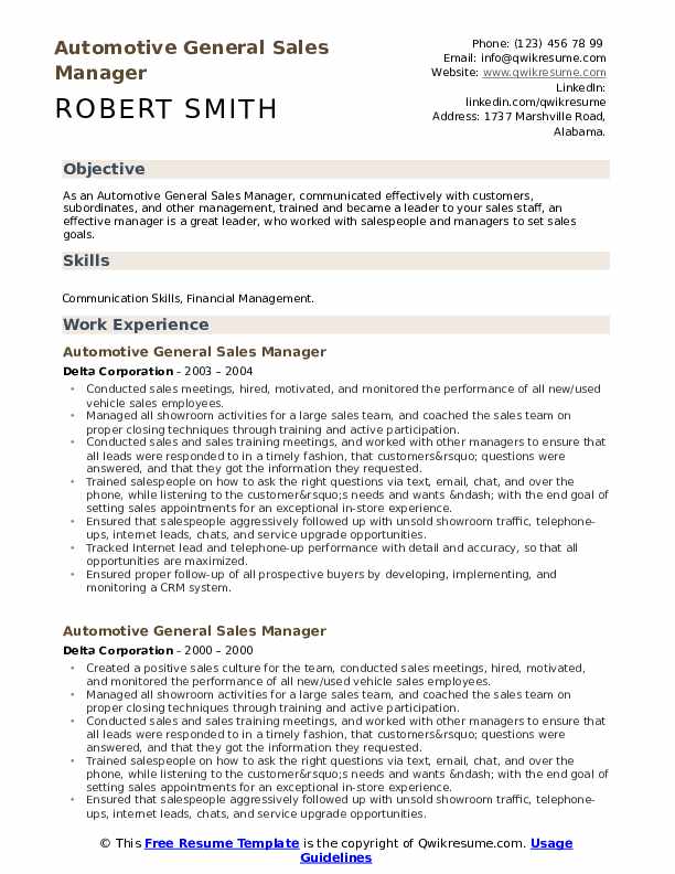 Automotive General Sales Manager Resume Samples | QwikResume