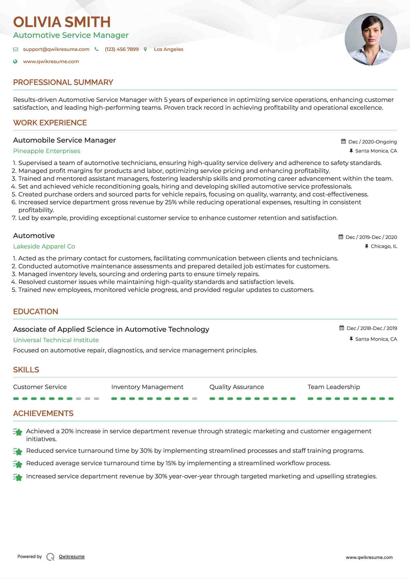 Automotive Service Manager Resume Samples QwikResume