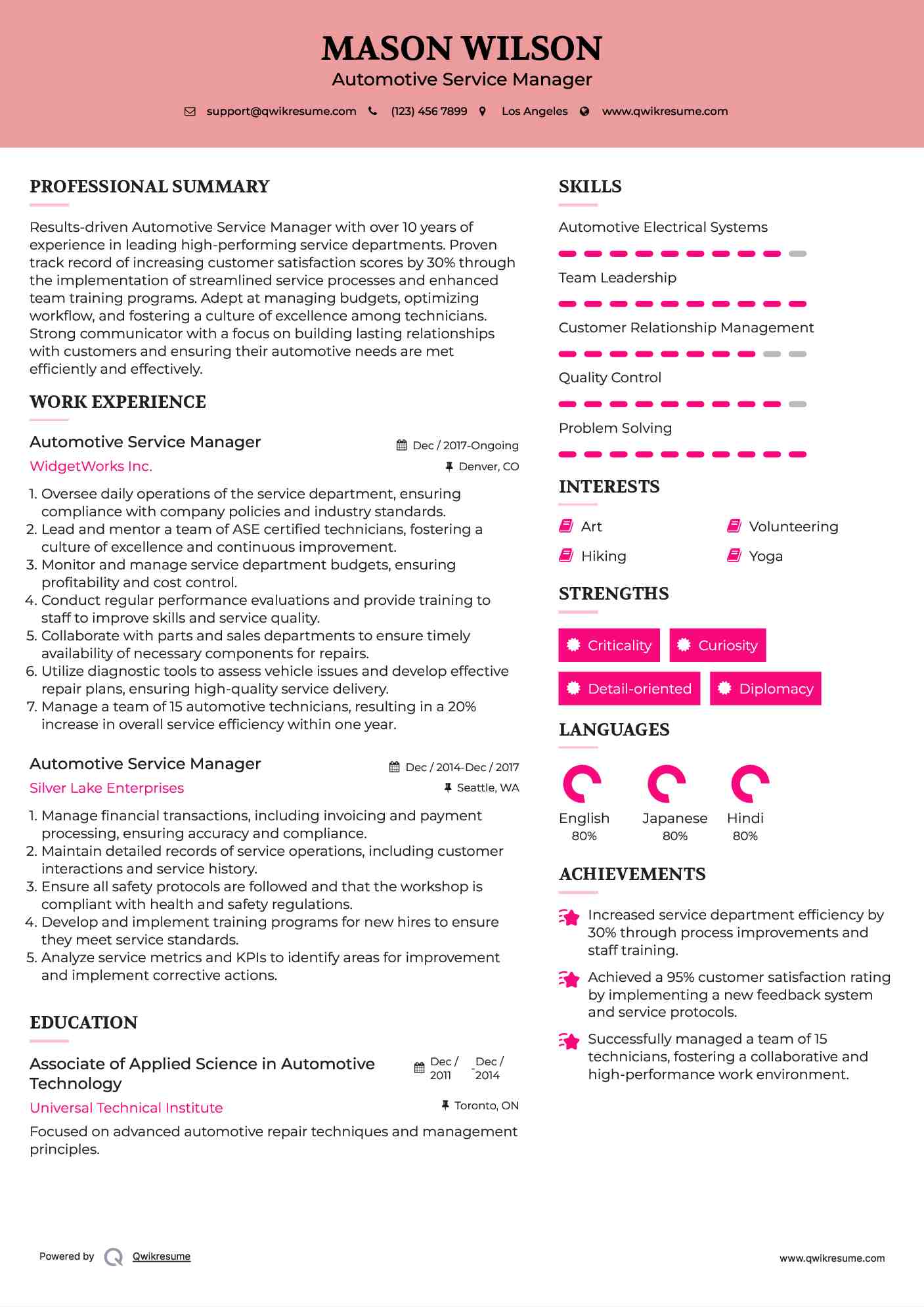 Automotive Service Manager Resume Samples QwikResume