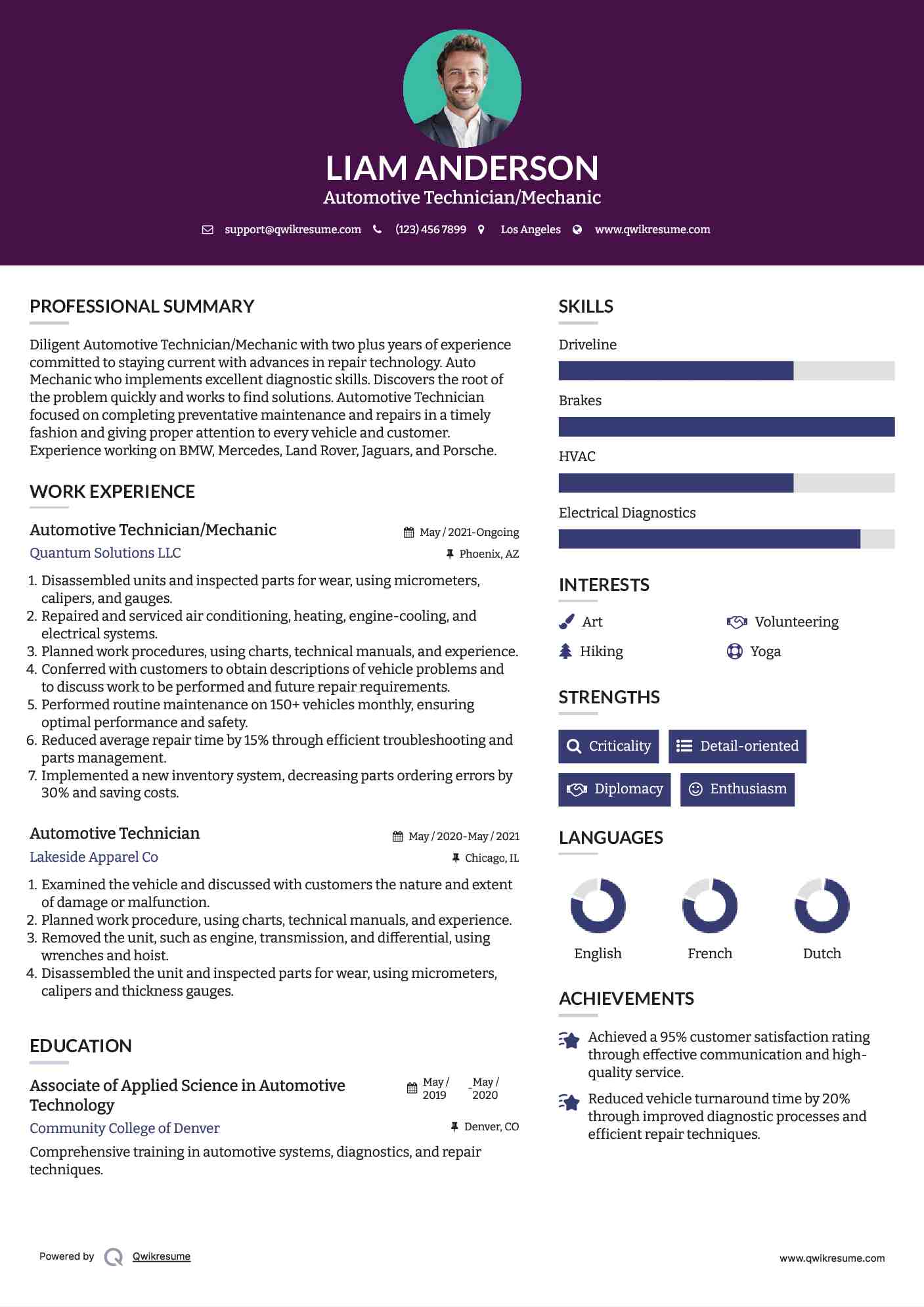 Automotive Technician Resume Samples QwikResume