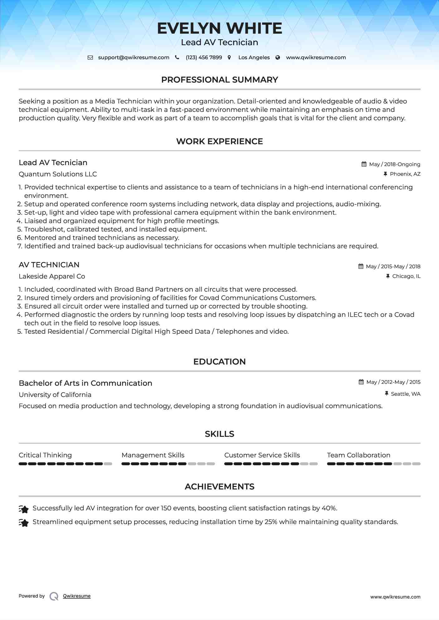 Av Lead Technician Resume Verdesdesteio