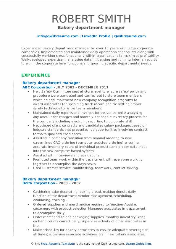 Bakery department manager Resume Samples | QwikResume