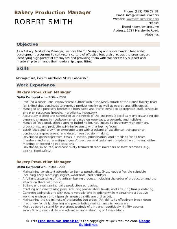Bakery Production Manager Resume Samples | QwikResume