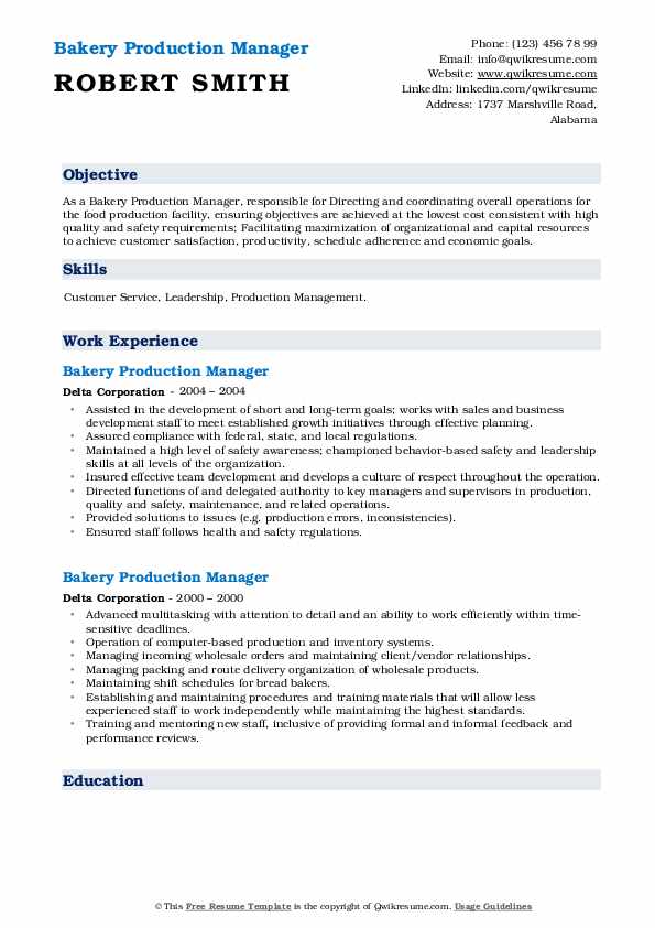 Bakery Production Manager Resume Samples | QwikResume