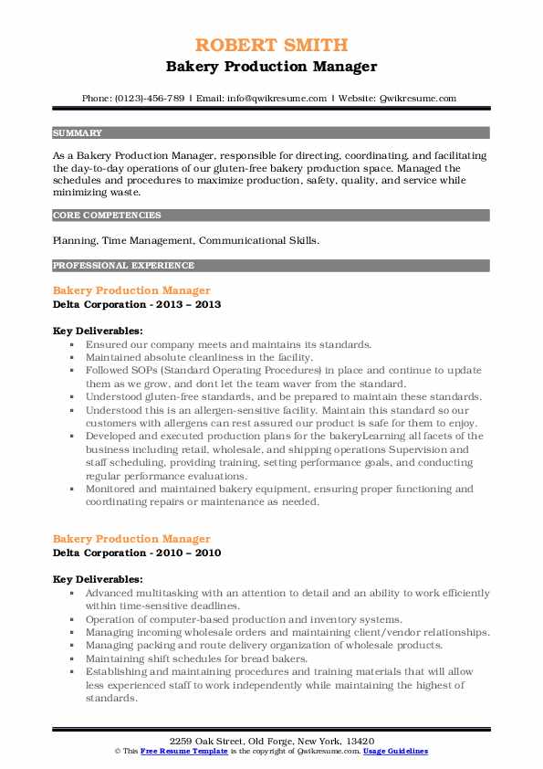 Bakery Production Manager Resume Samples | QwikResume