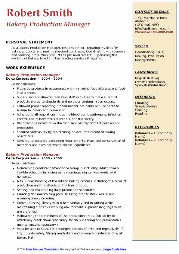Bakery Production Manager Resume Samples | QwikResume