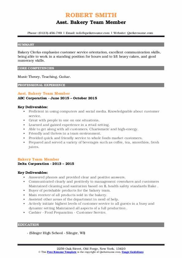 Bakery Team Member Resume Samples | QwikResume