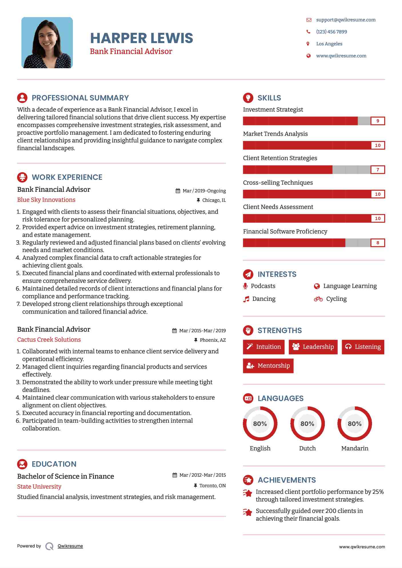 Bank Financial Advisor Resume Samples QwikResume