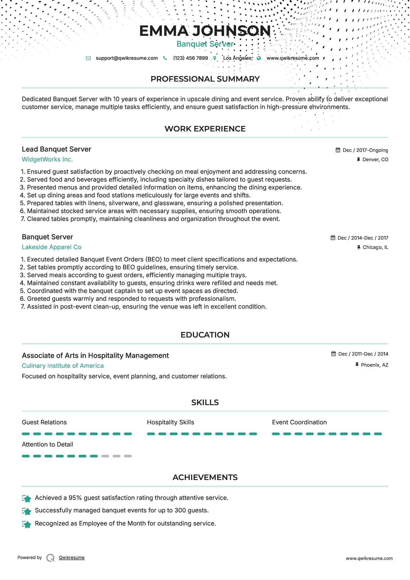Banquet Server Resume Samples QwikResume Banquet Server Resume Samples QwikResume