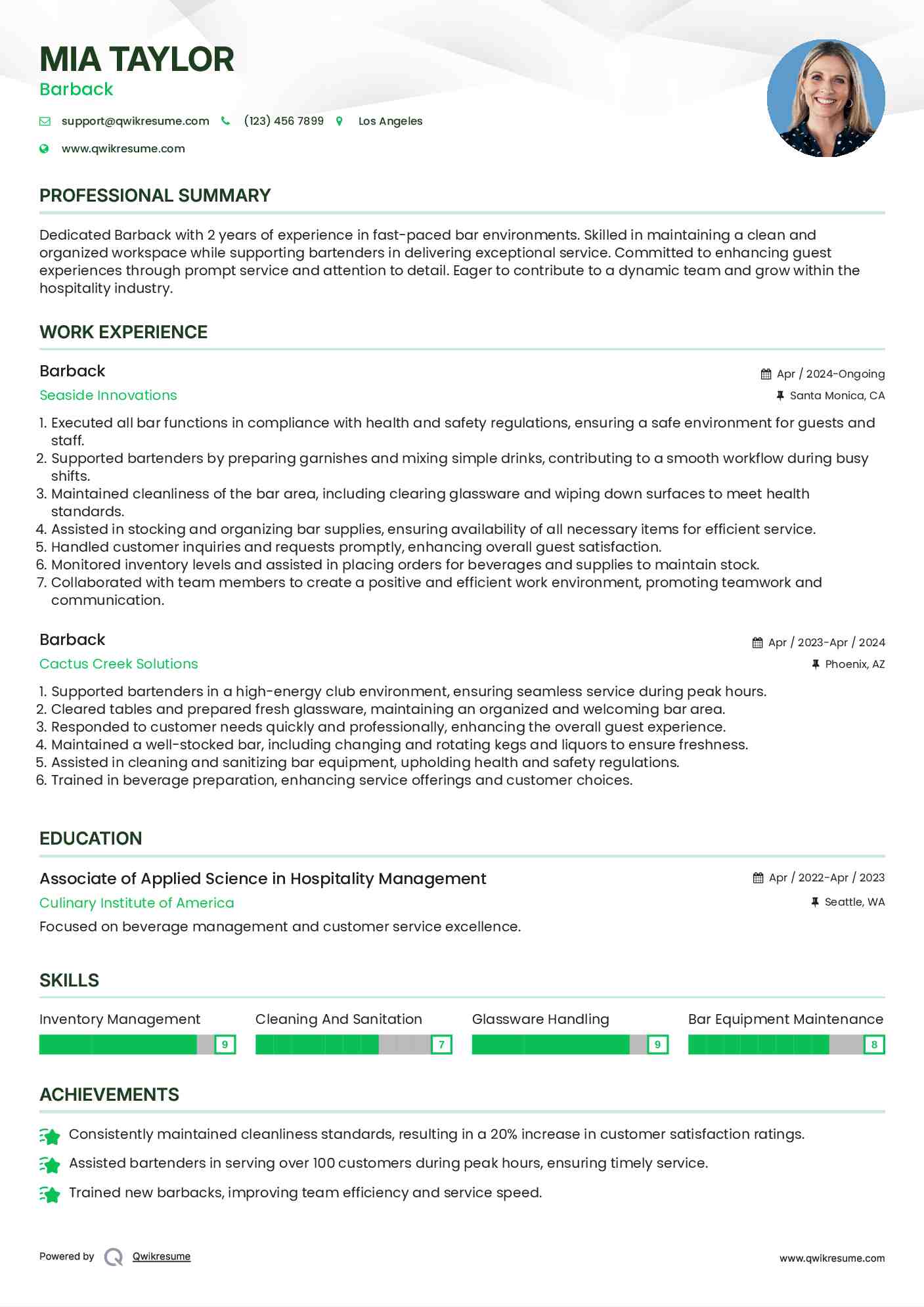 Barback Resume Samples QwikResume